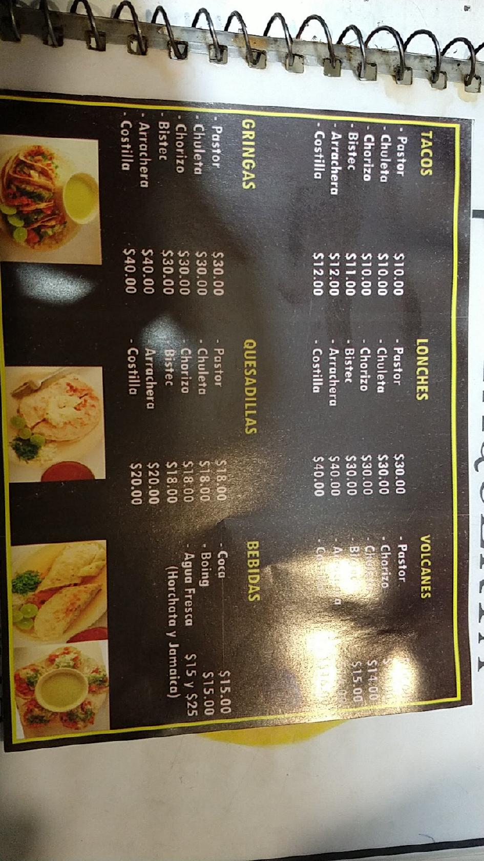 Menu at taqueria la gringa restaurant, Tlaquepaque