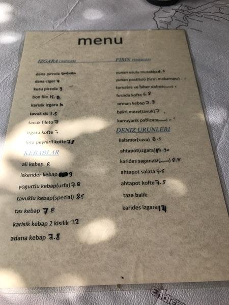 Menu at Ali restaurant, Kos