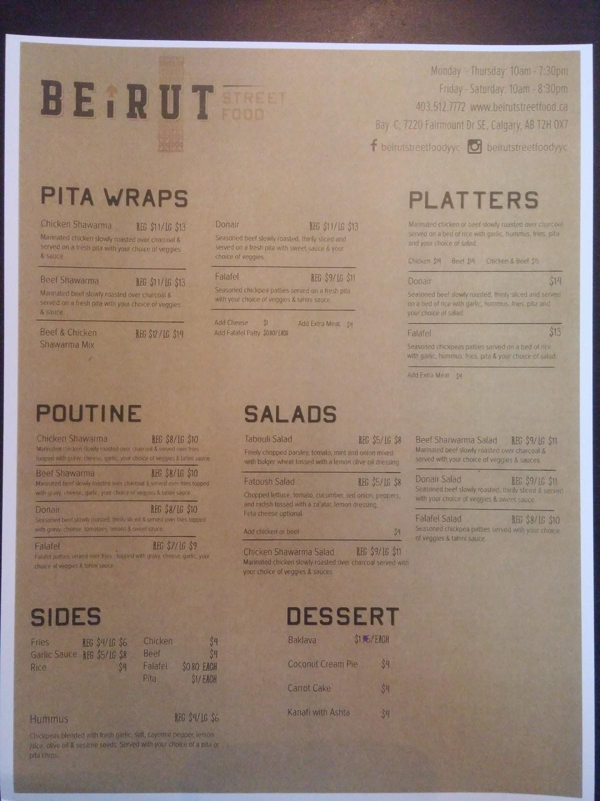Menu at BEIRUT STREET FOOD restaurant, Calgary, 7220 Fairmount Dr SE