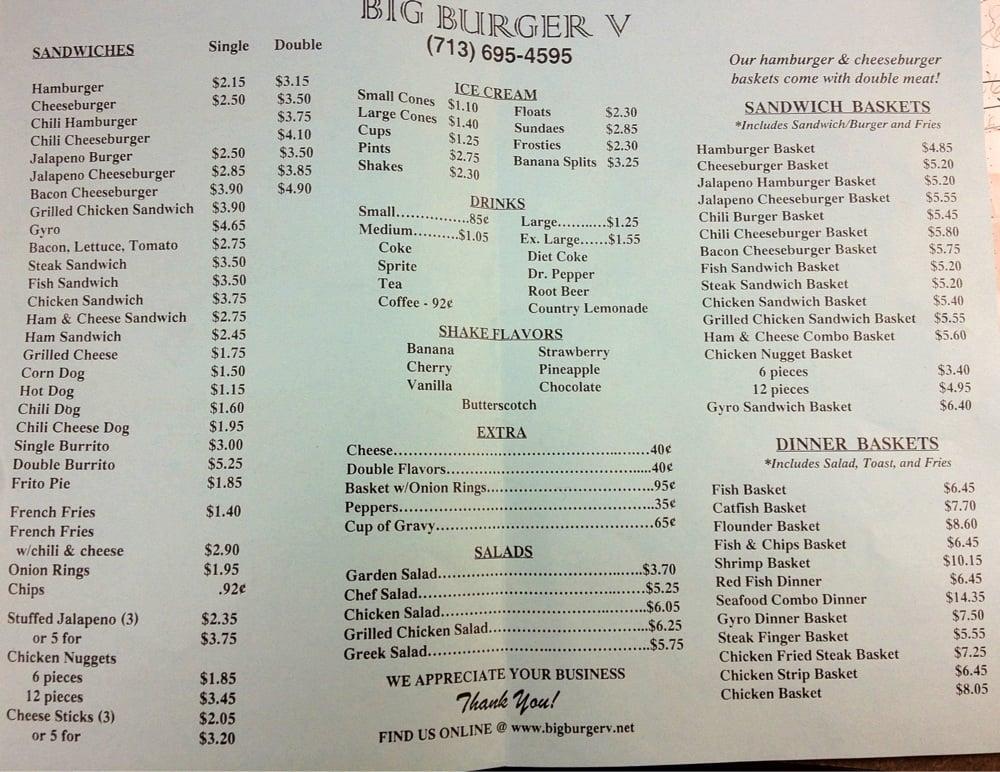 Menu at Big Burger V restaurant, Houston, 11207 W Hardy Rd