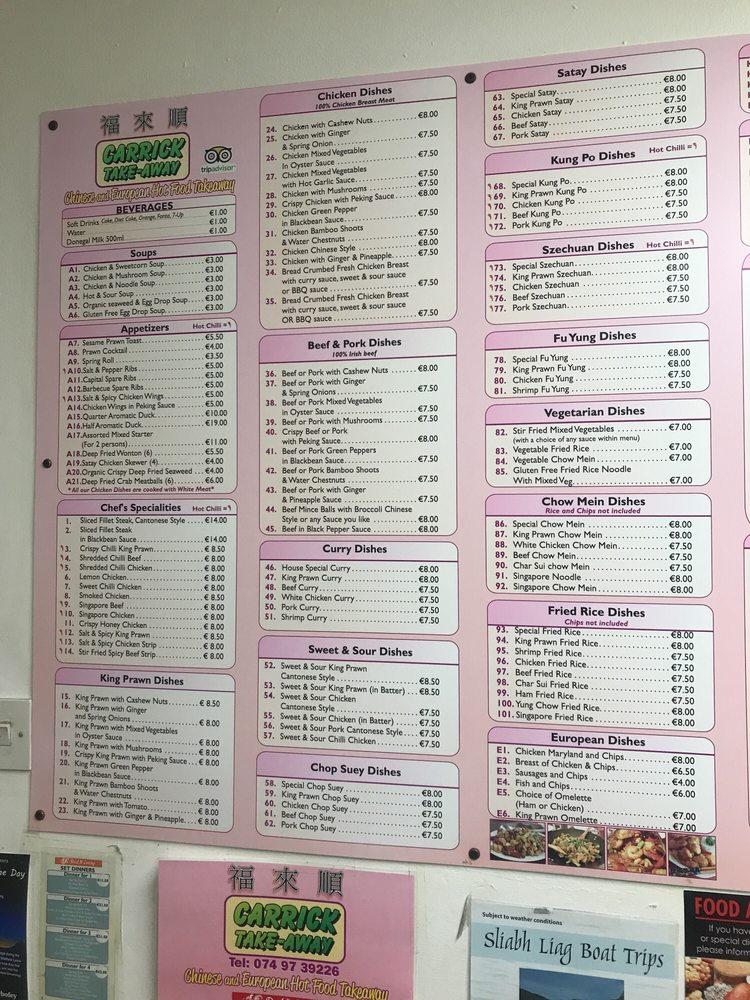 Menu at Take Away fast food, Ireland, Main Street