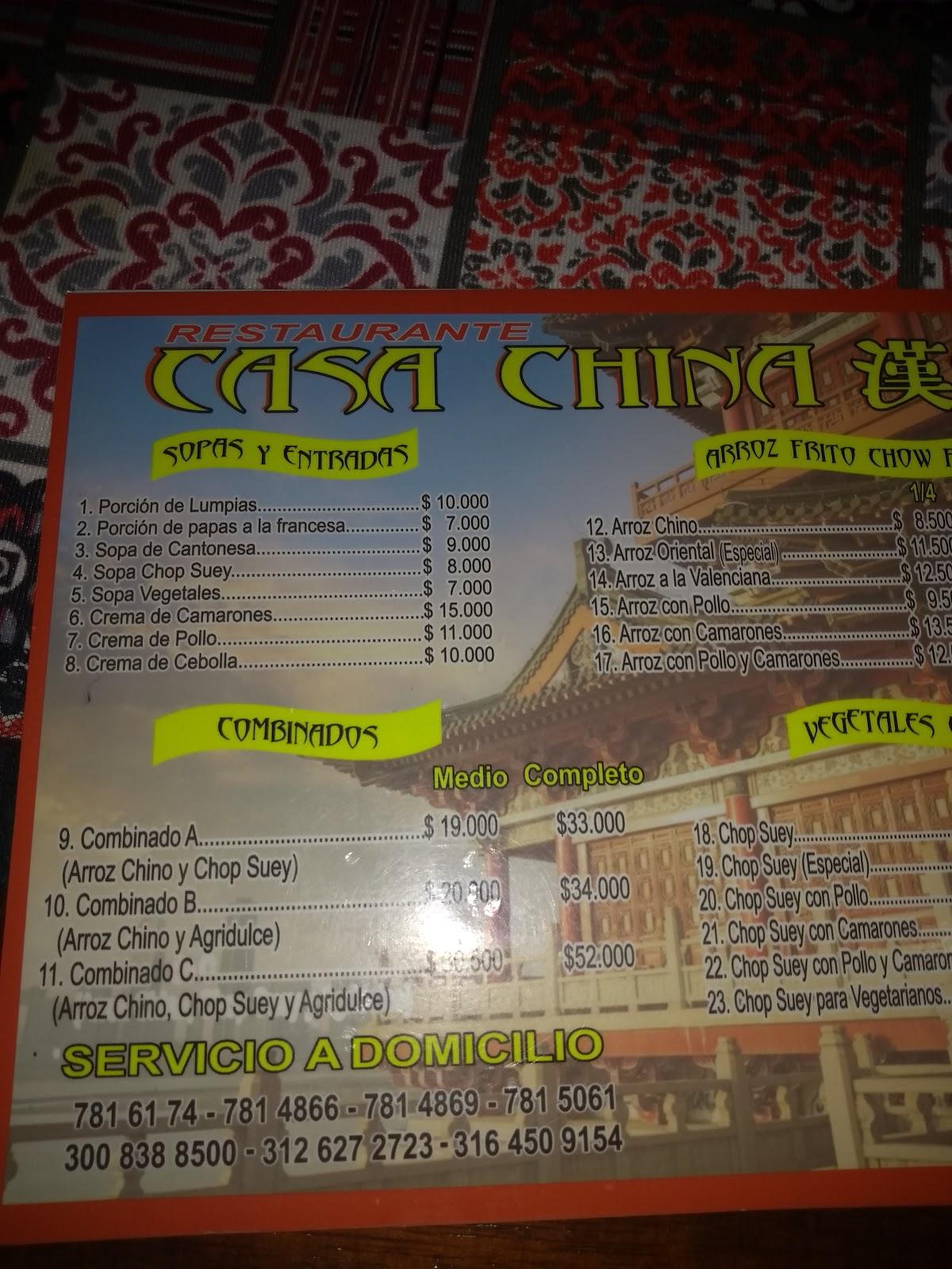 Carta del restaurante Casa China, Montería