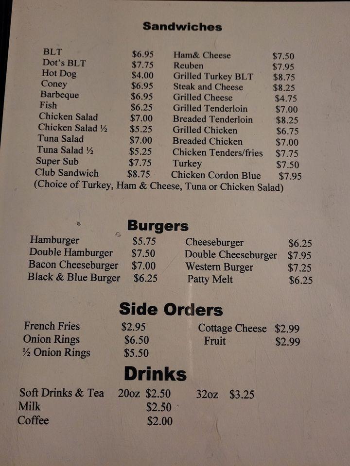 Menu at Dot's cafe, Vincennes