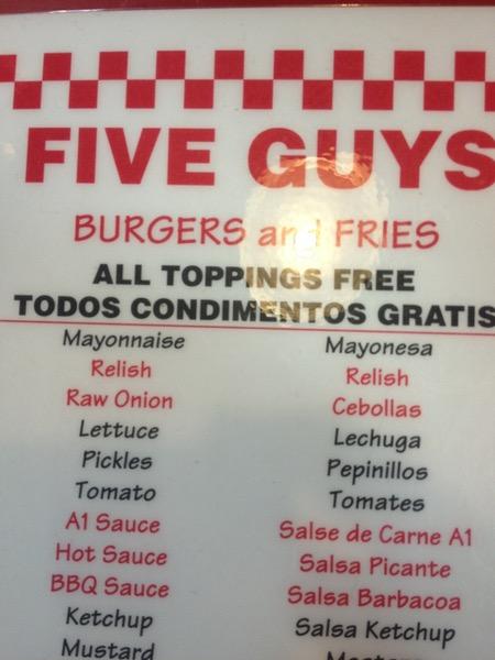 Menu at Five Guys restaurant, Pinecrest, S Dixie Hwy