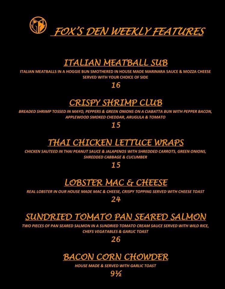 Menu at Fox's Den Bar & Grill, Williams Lake