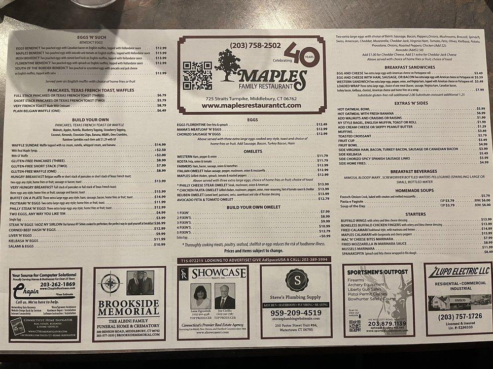 Carta de Maples Family Restaurant, Middlebury