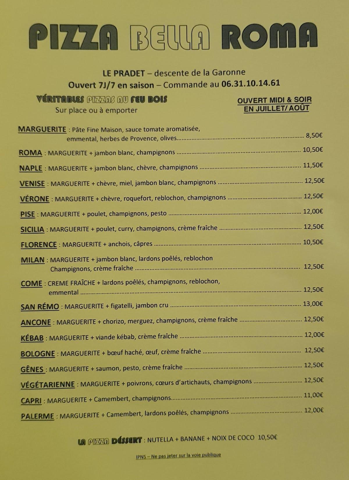 Menu at PIZZA BELLA ROMA restaurant, Le Pradet