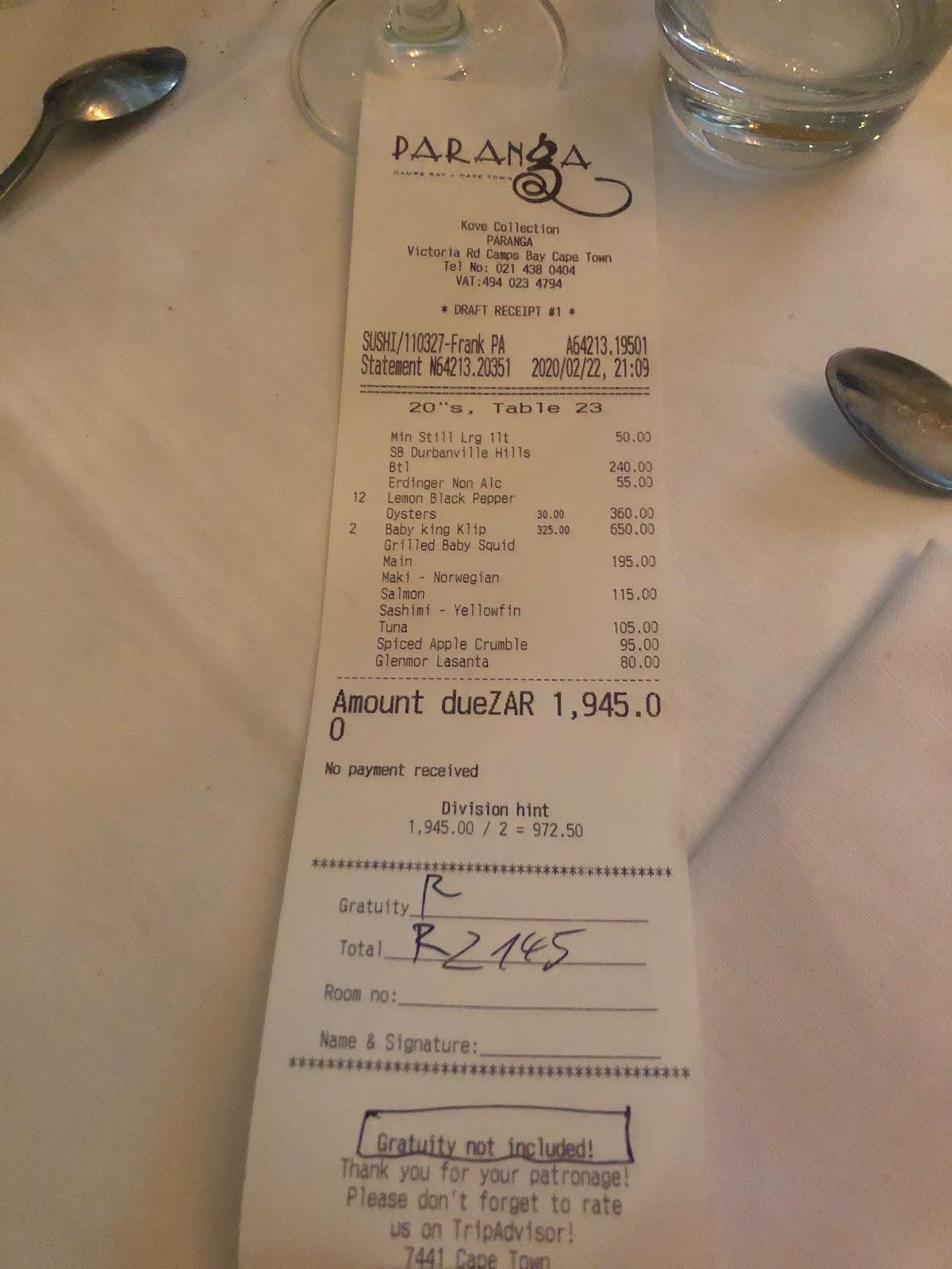 Speisekarte von Paranga restaurant, Kapstadt