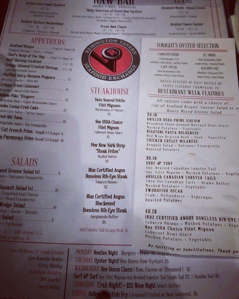 Carta del pub y bar Remington Tavern and Seafood Exchange, North Tonawanda