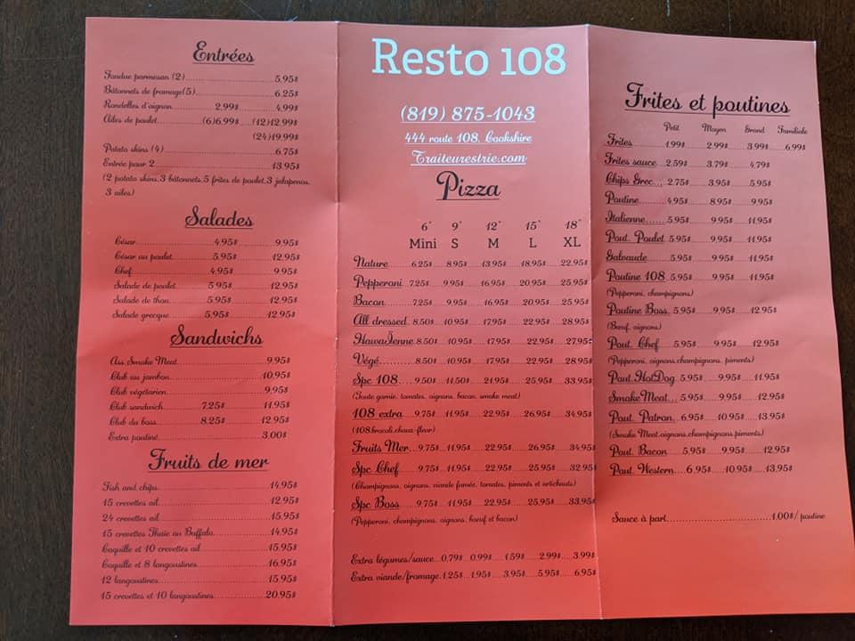 Menu au Resto 108 restaurant, Cookshire-Eaton, 444 Quebec Rte 108