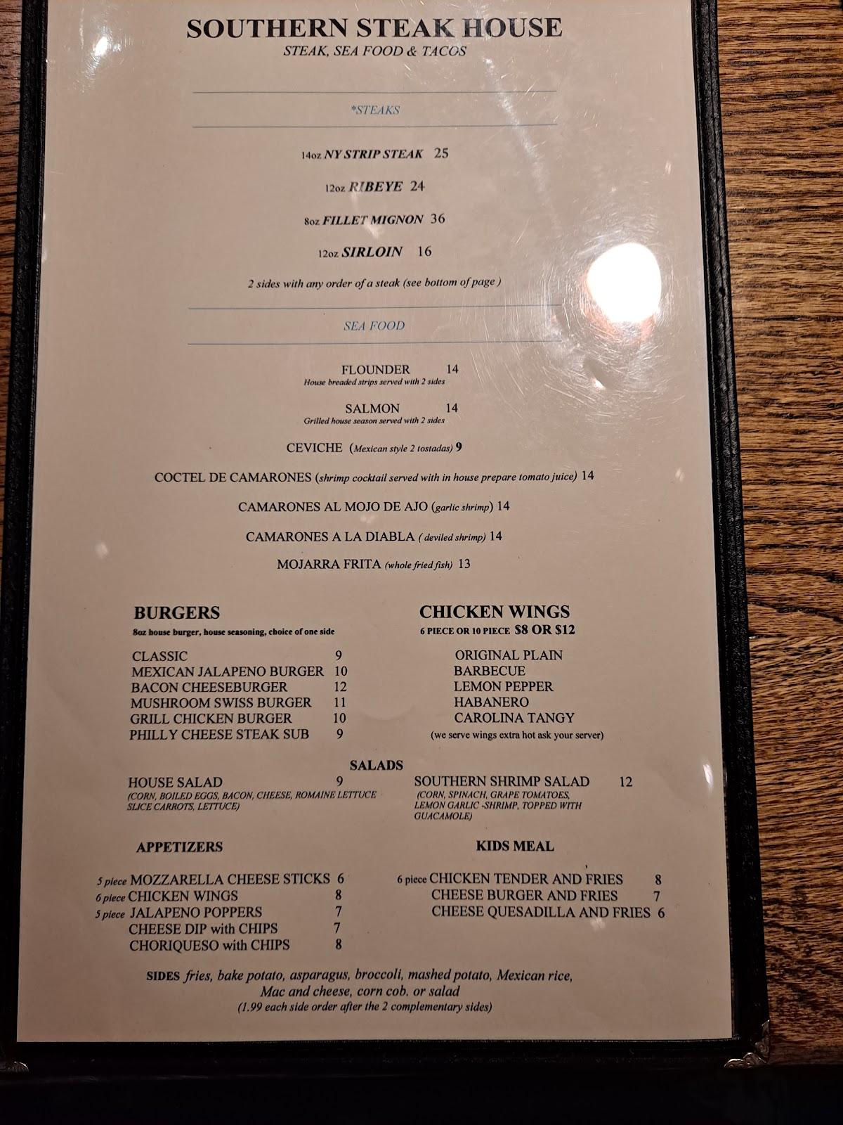 Menu at Southern Steakhouse, Seneca