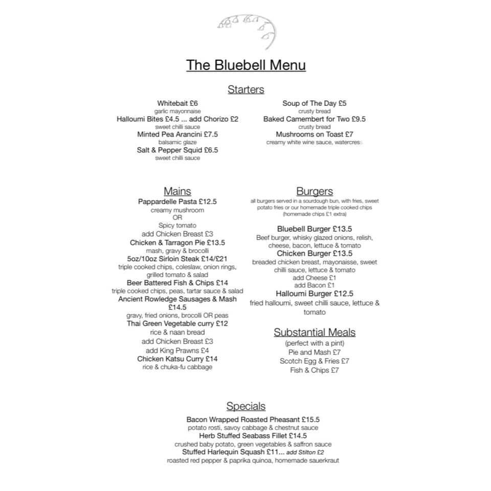 Menu at The Bluebell pub & bar, Farnham