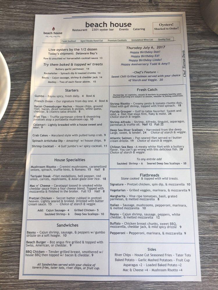 Menu at Beach House steakhouse, Decatur, 1001 S Lake Front Rd
