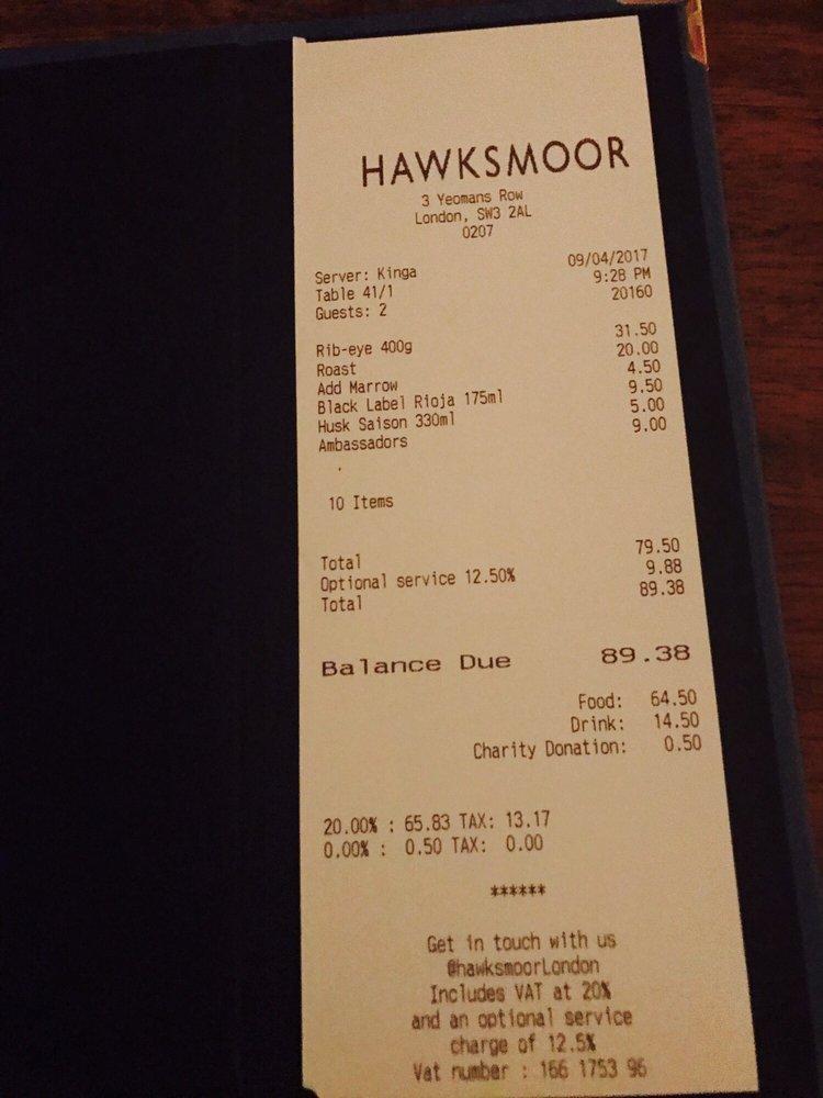 Menu at Hawksmoor Knightsbridge steakhouse, London
