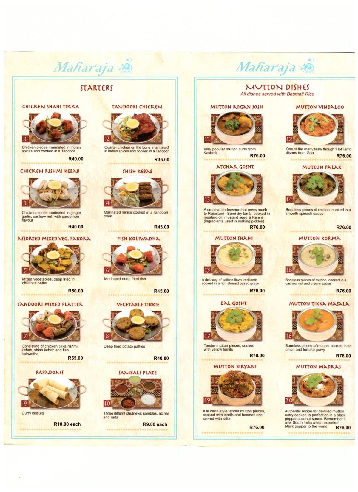 Menu at Maharaja Indian Restaurant, Kempton Park, 18 Reier St