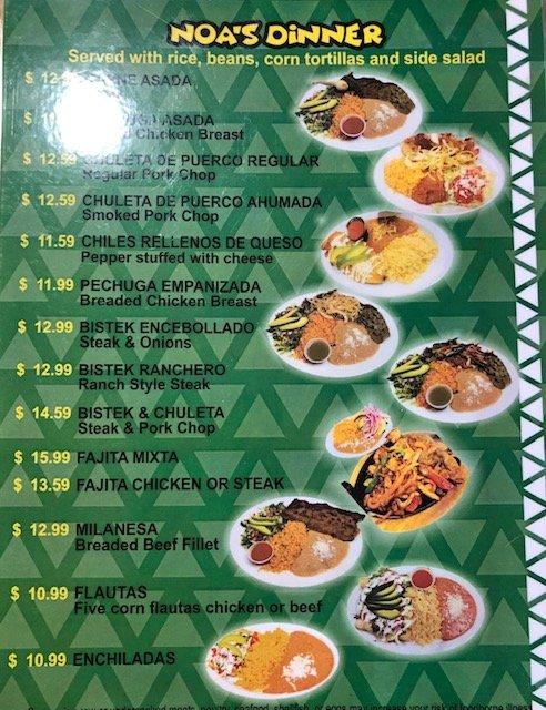 Menu at Noa's Cocina mexicana restaurant, Tulsa