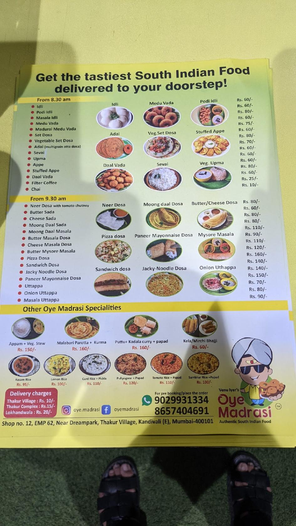 Menu at Oye Madrasi, Mumbai