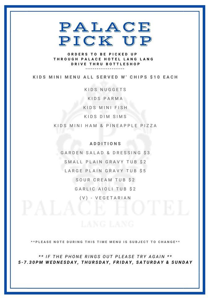 Menu at Palace Hotel Lang Lang pub & bar, Lang Lang, 140 McDonalds Track