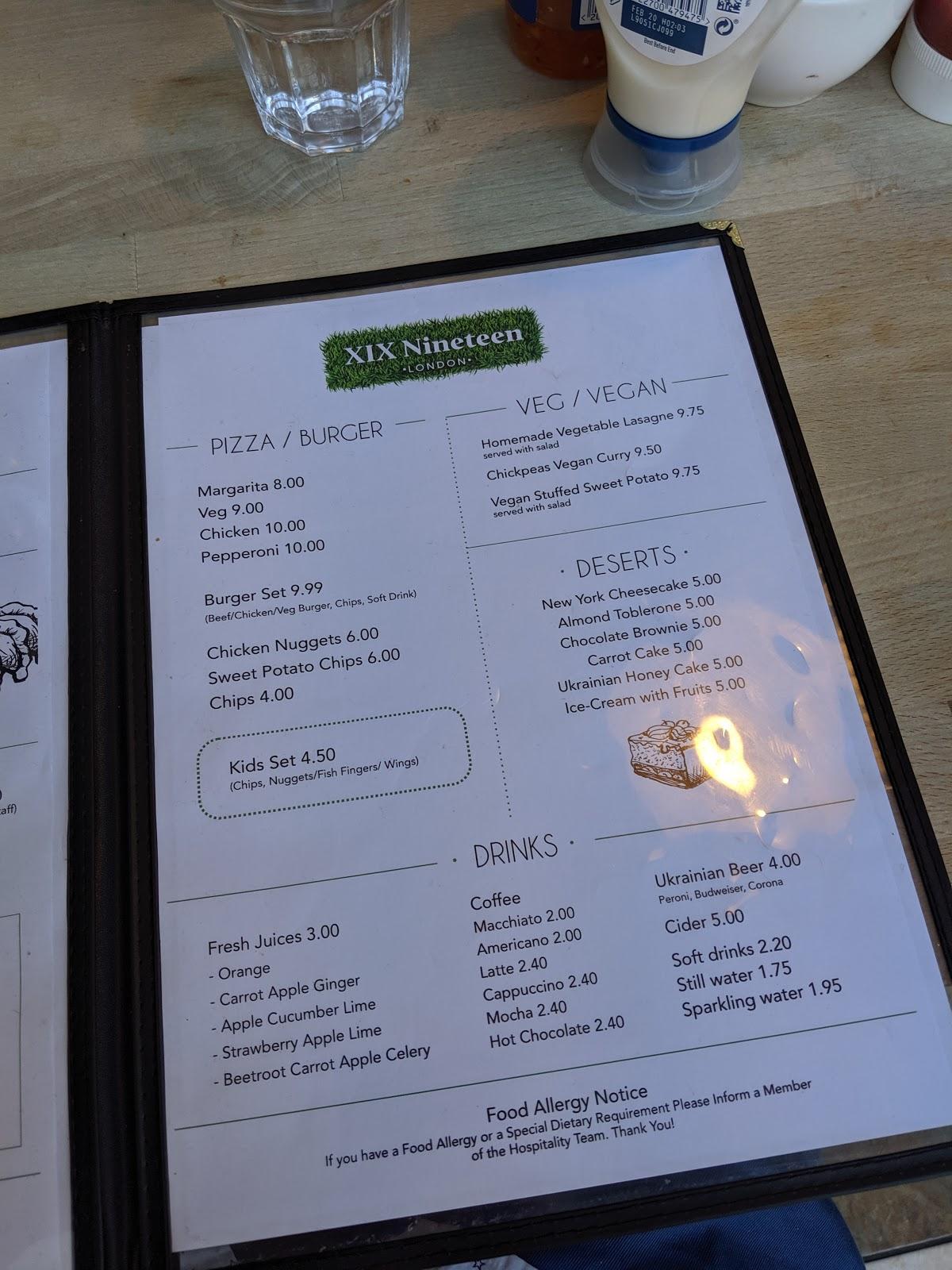 Menu at XIX Nineteen cafe, London