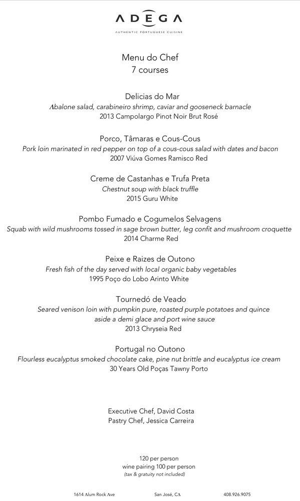 Menu at ADEGA restaurant, San Jose, 1614 Alum Rock Ave