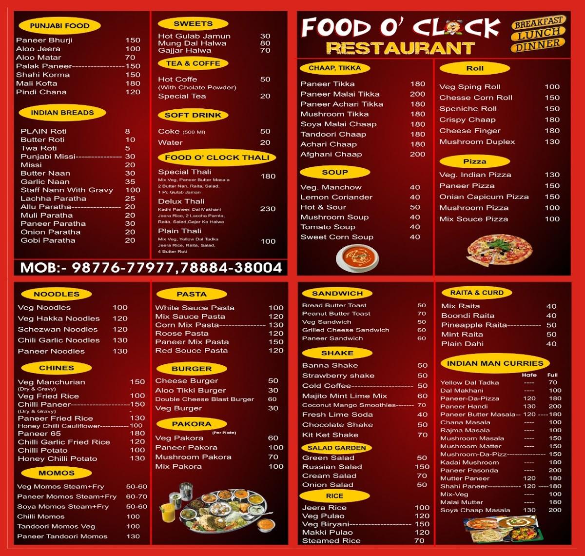 Menu at Food o'clock, Dhuri