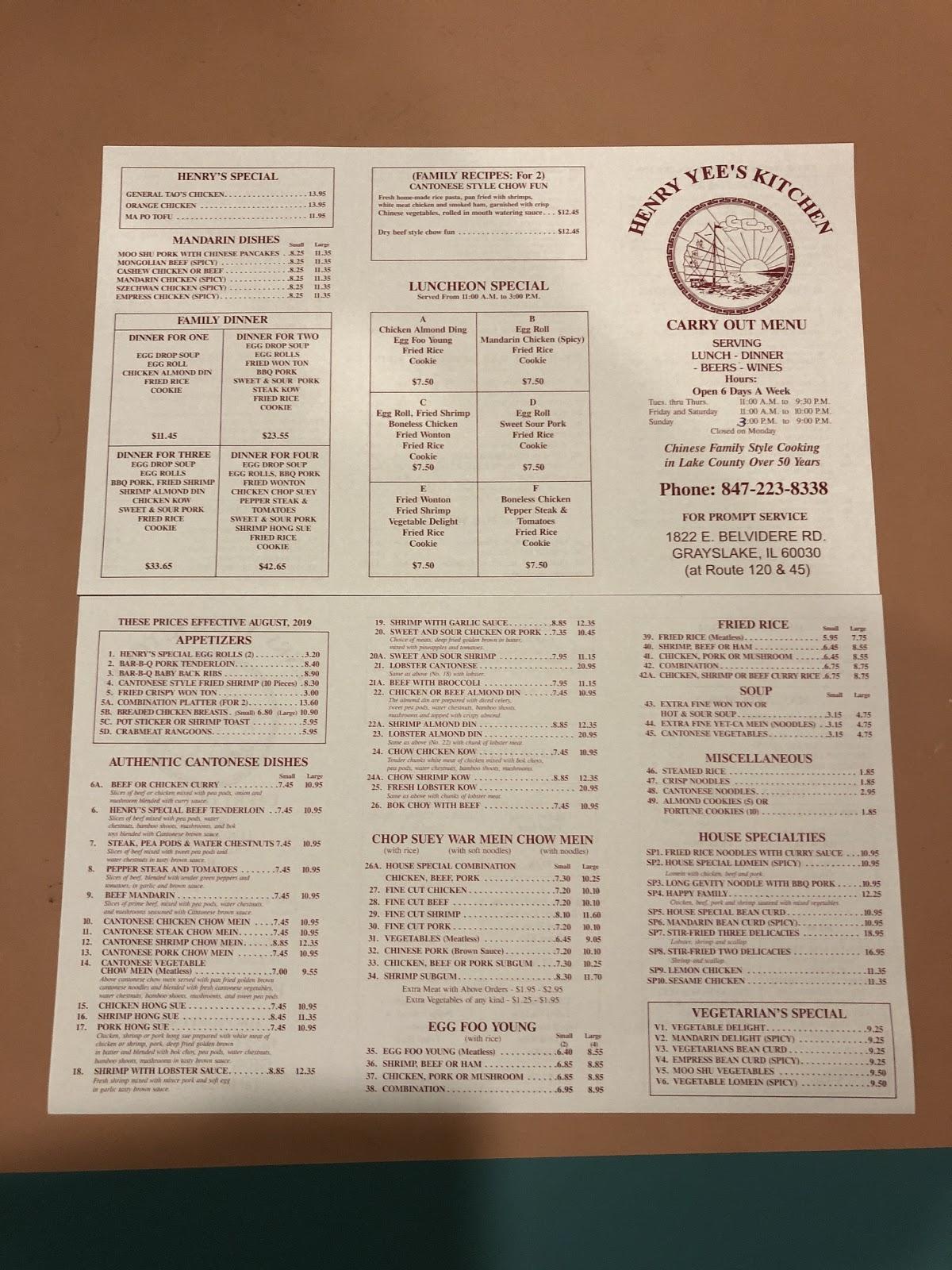 Menu at Henry Yee's Kitchen restaurant, Grayslake