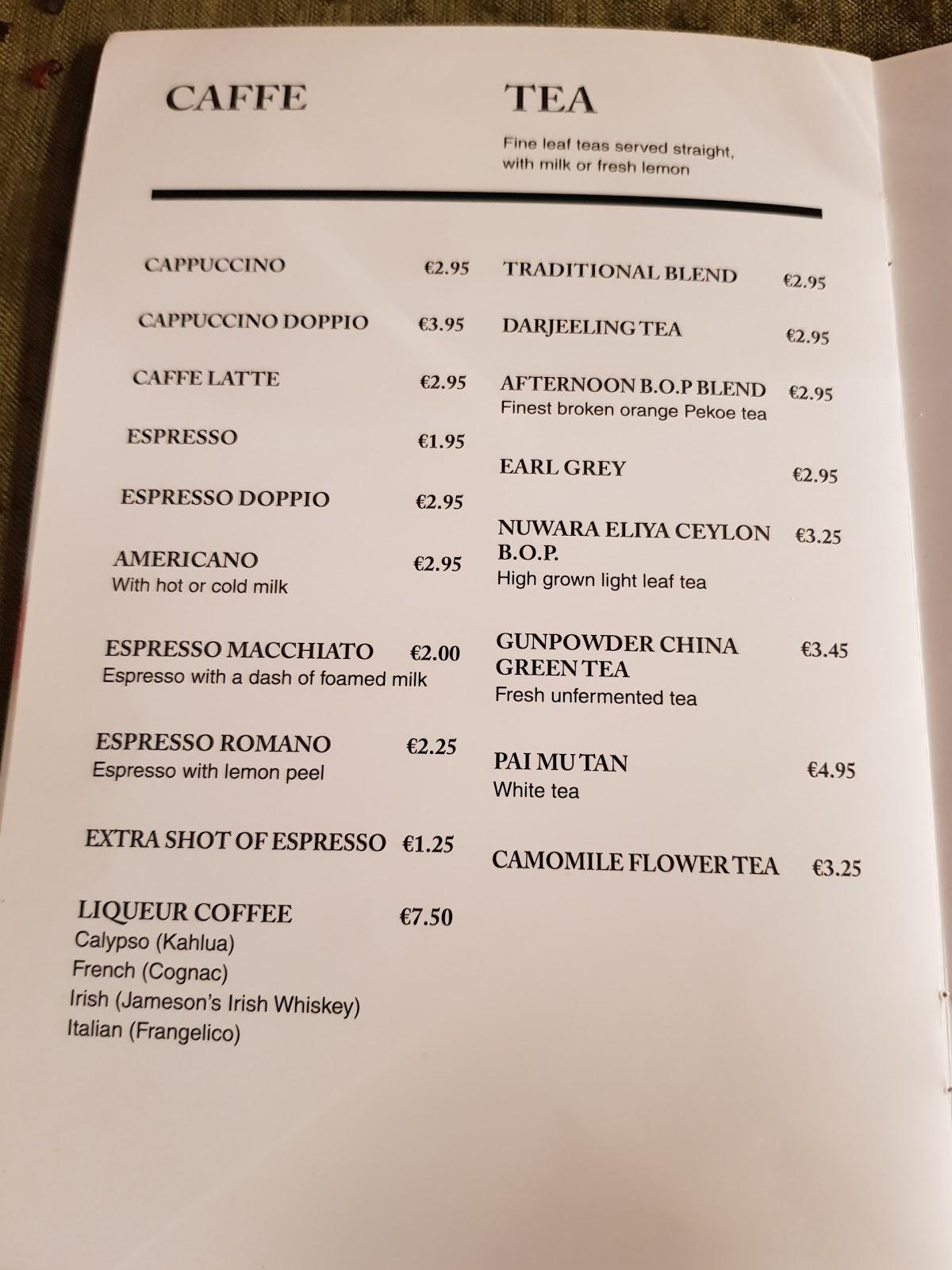 Menu at Il Caffe Di Napoli cafe, Dublin, 41 Westland Row