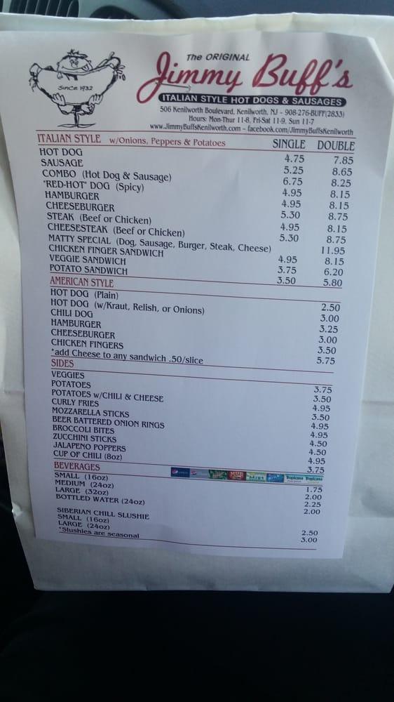Menu at Jimmy Buff's Italian Hot Dogs restaurant, Kenilworth
