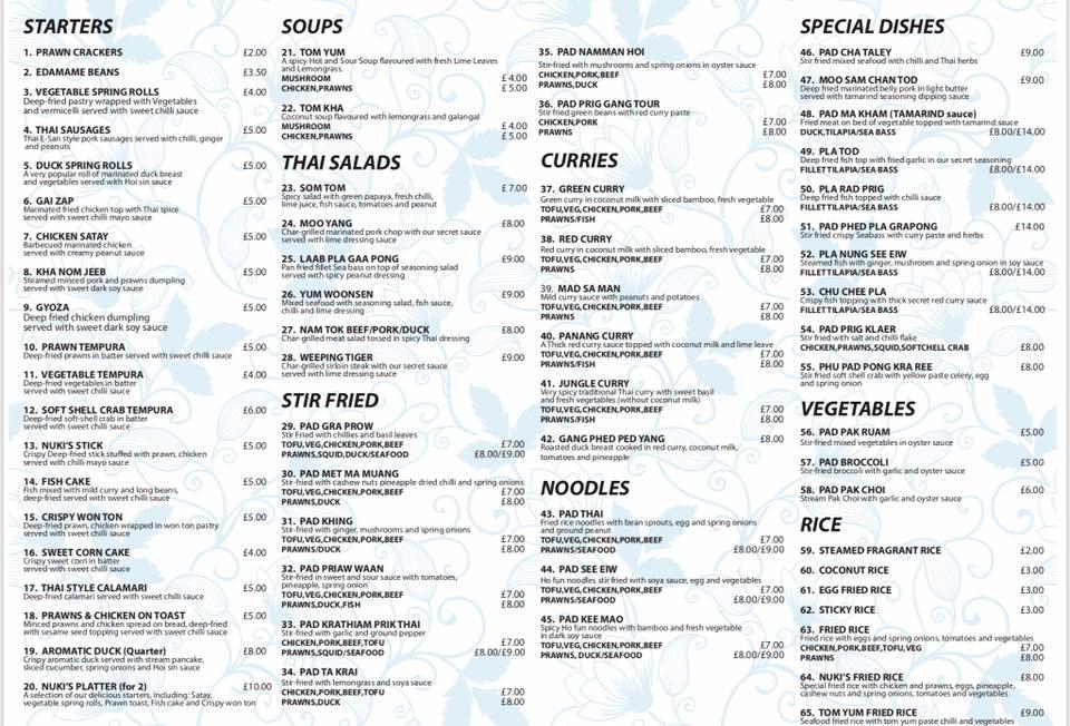 Menu at Nuki's Kitchen restaurant, London