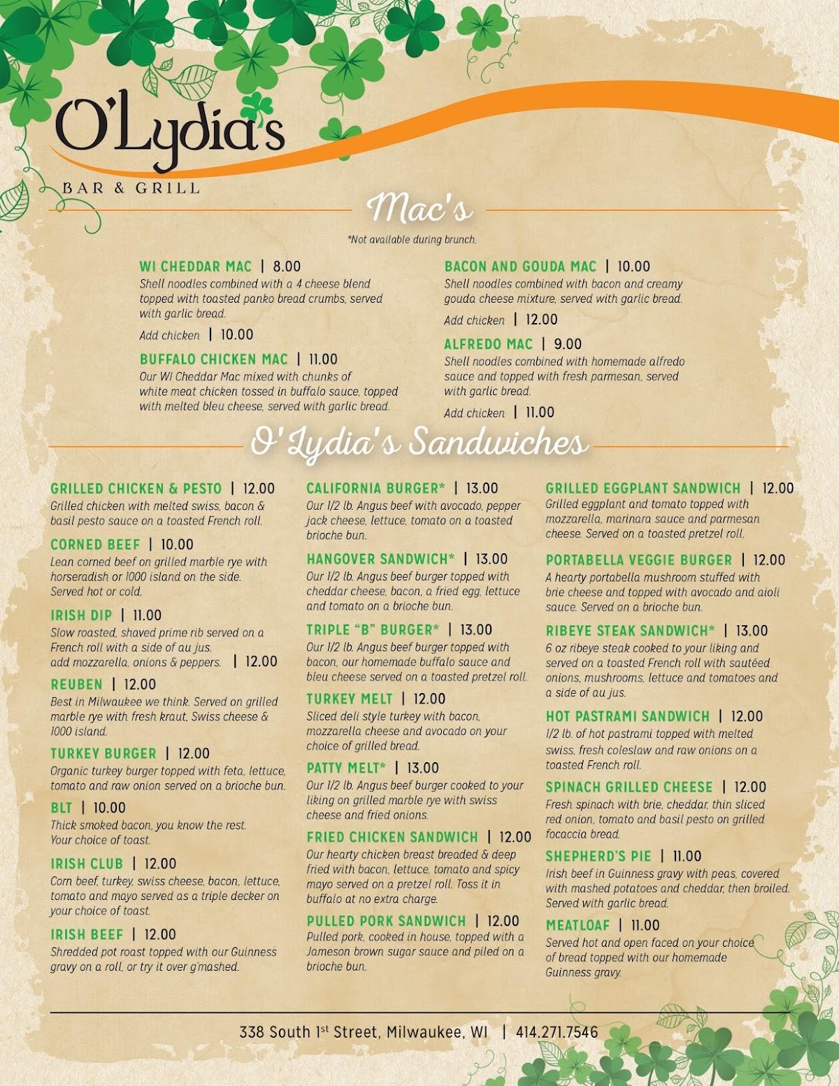 Menu at O'Lydia's Bar and Grill, Milwaukee