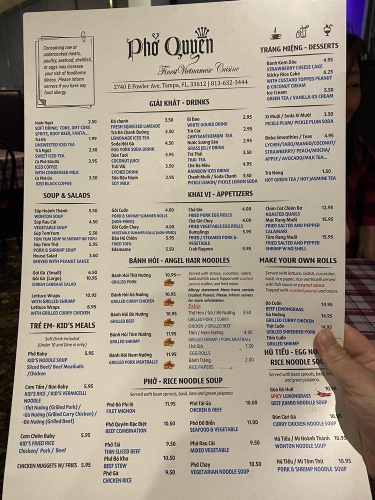 Menu at Pho Quyen restaurant, Tampa, E Fowler Ave