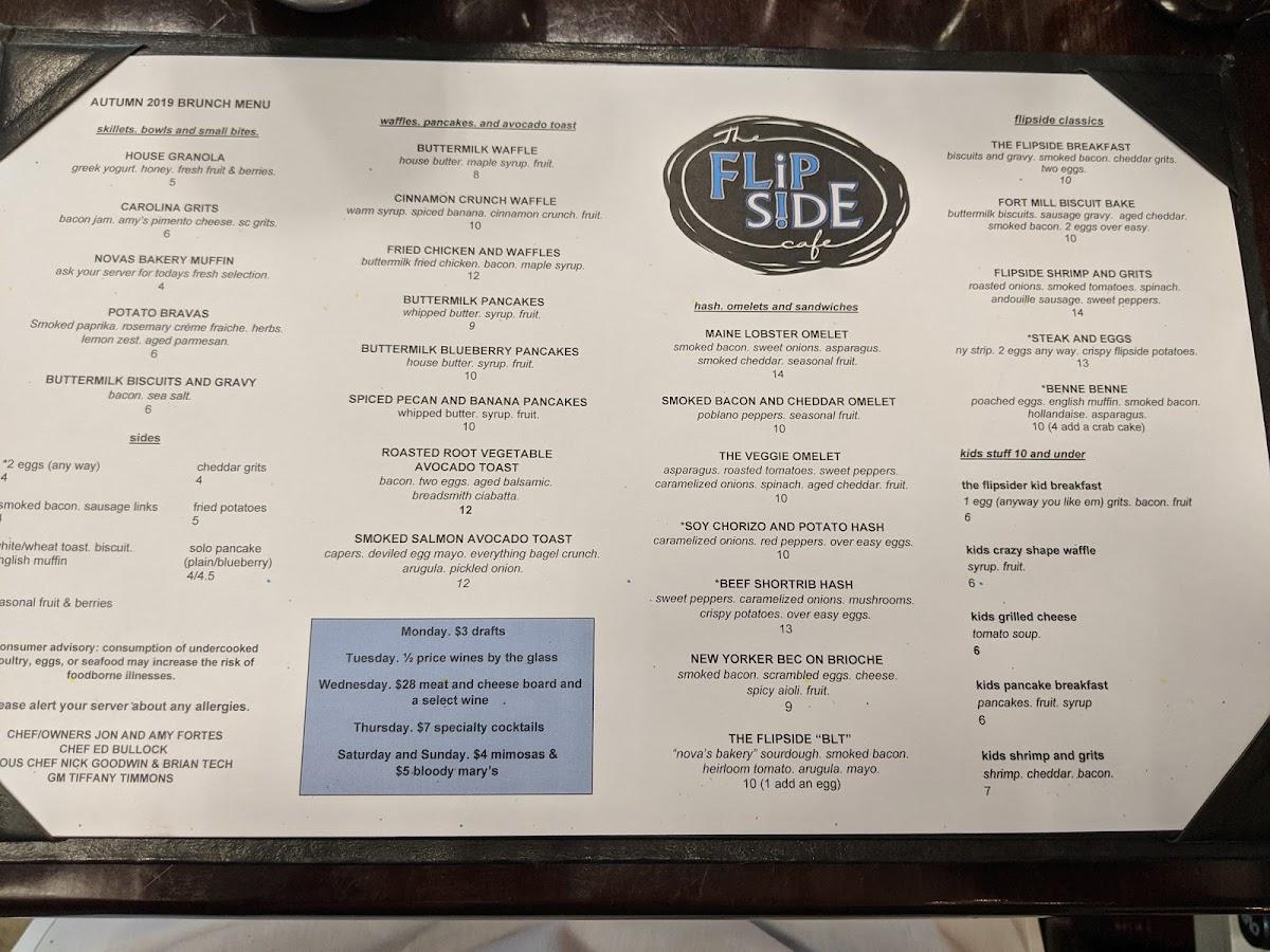 Menu at The Flipside Cafe, Fort Mill