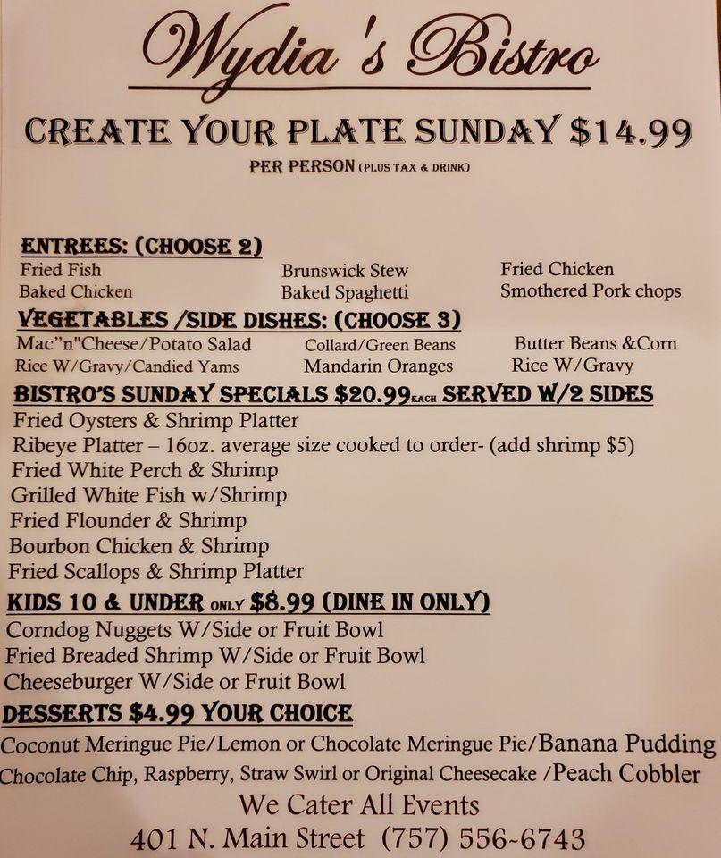 Menu at Wydia's Seafood and Steakhouse, Franklin
