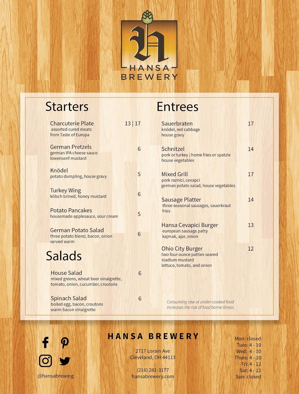 Menu at Hansa Brewery pub & bar, Cleveland