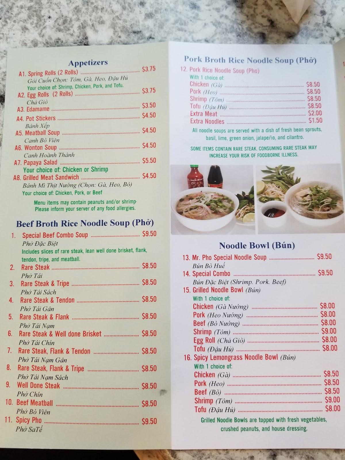 Menu at Mr. Pho restaurant, Albuquerque