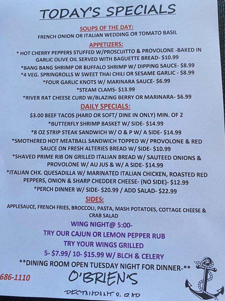 Menu at O'Briens Restaurant & Bar, Clayton