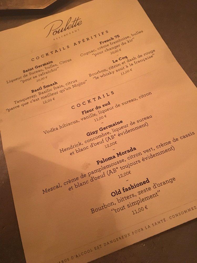 Menu at Poulette restaurant, Paris, 3 Rue Étienne Marcel