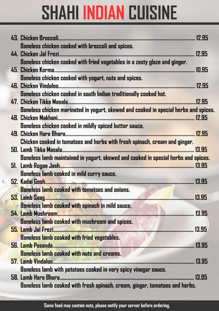 Menu at Shahi Indian Cuisine restaurant, Saginaw