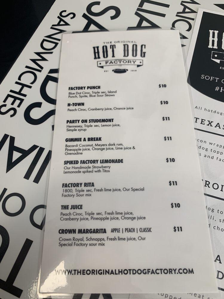 Menu at The Original Hot Dog Factory restaurant, Houston