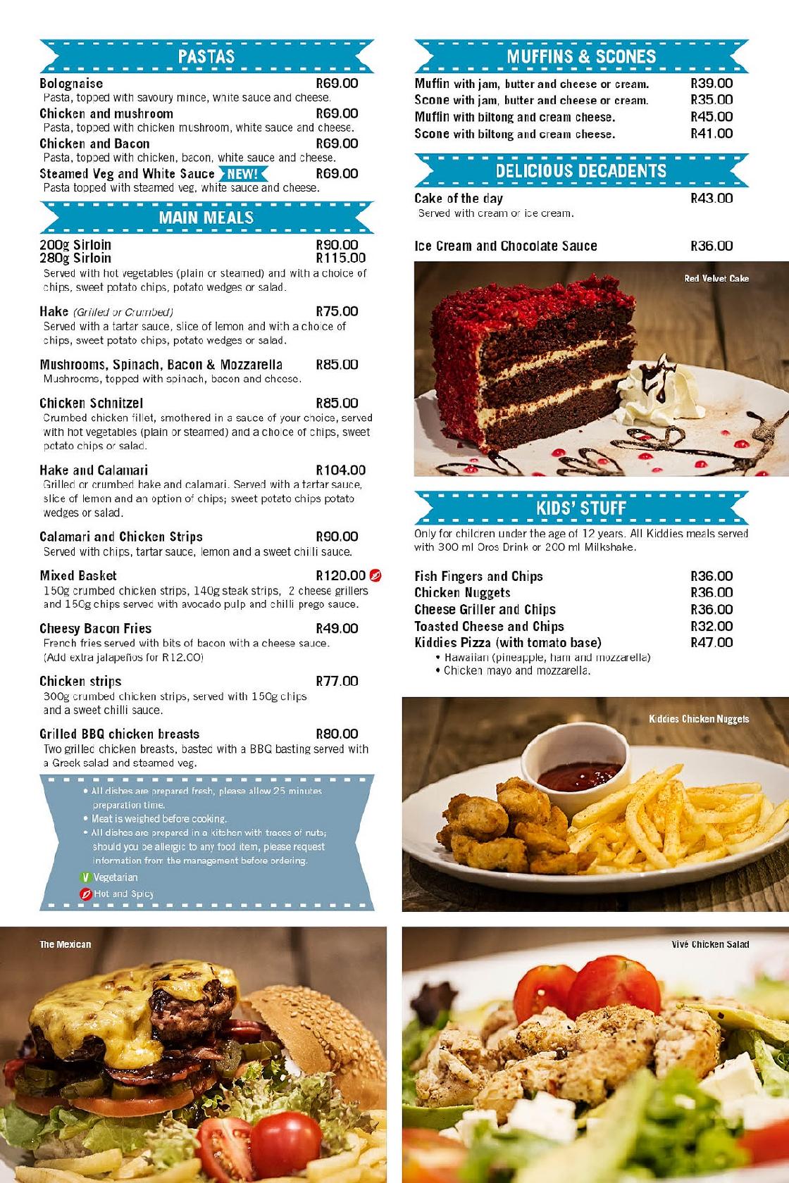 Menu au Vive Cafe - Mediclinic, Bloemfontein