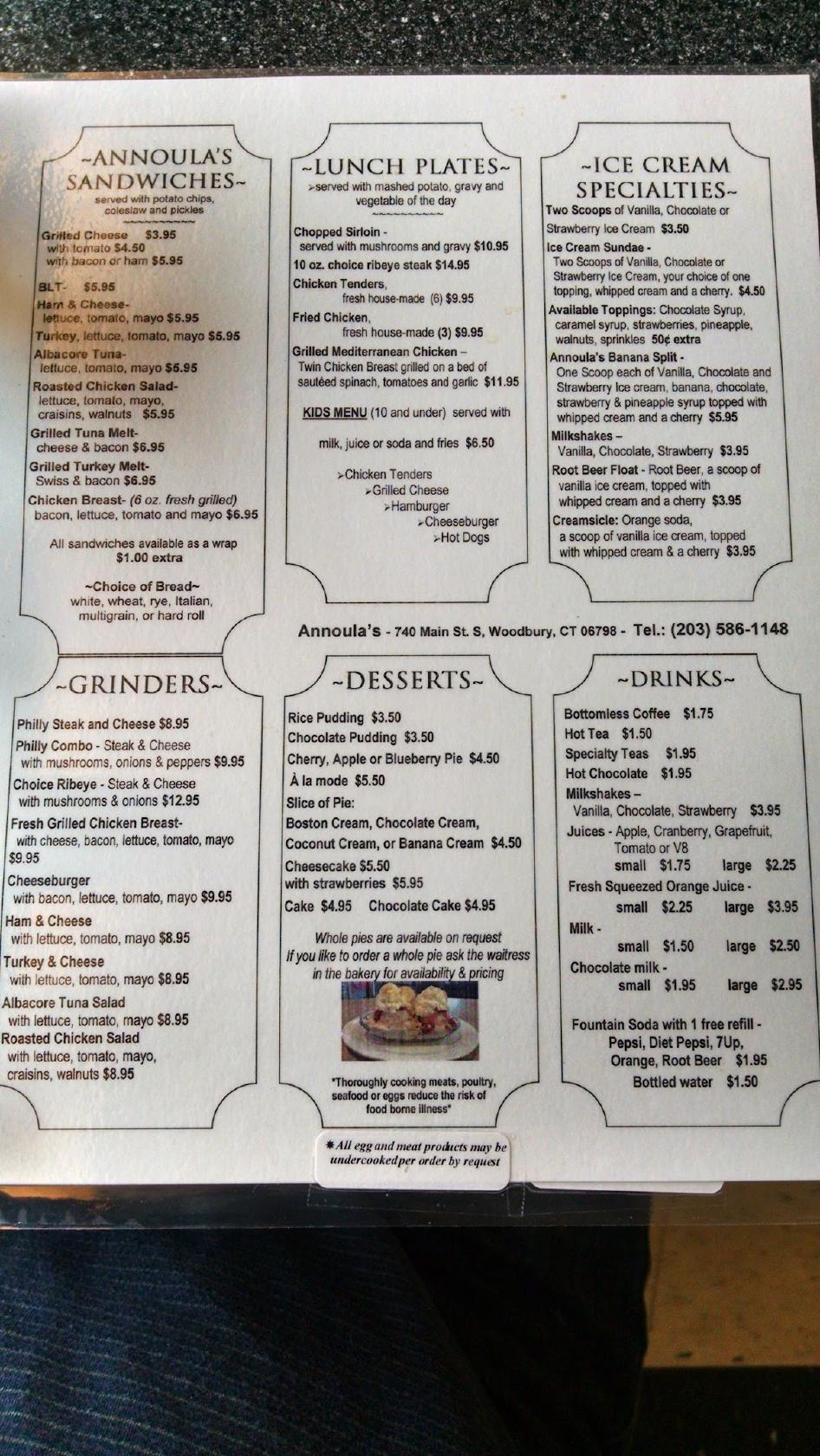 Menu at Annoula's Taverna restaurant, Woodbury