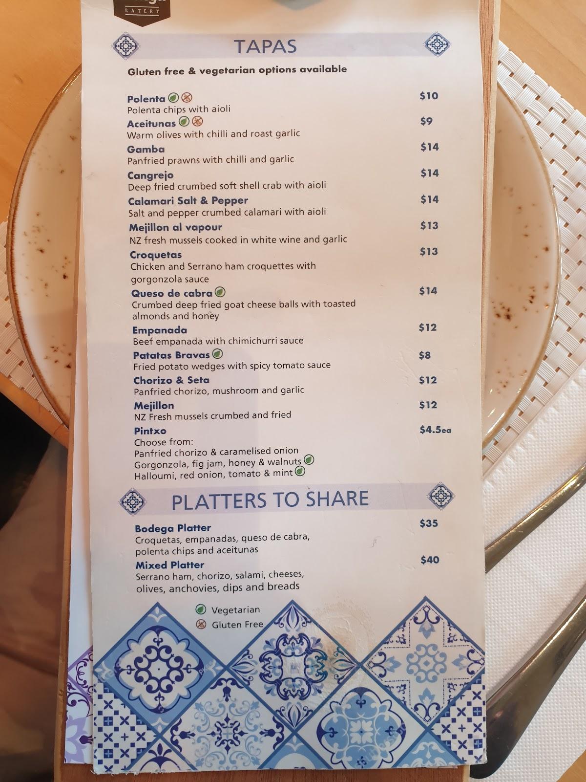 Menu at Bodega Eatery restaurant, Auckland