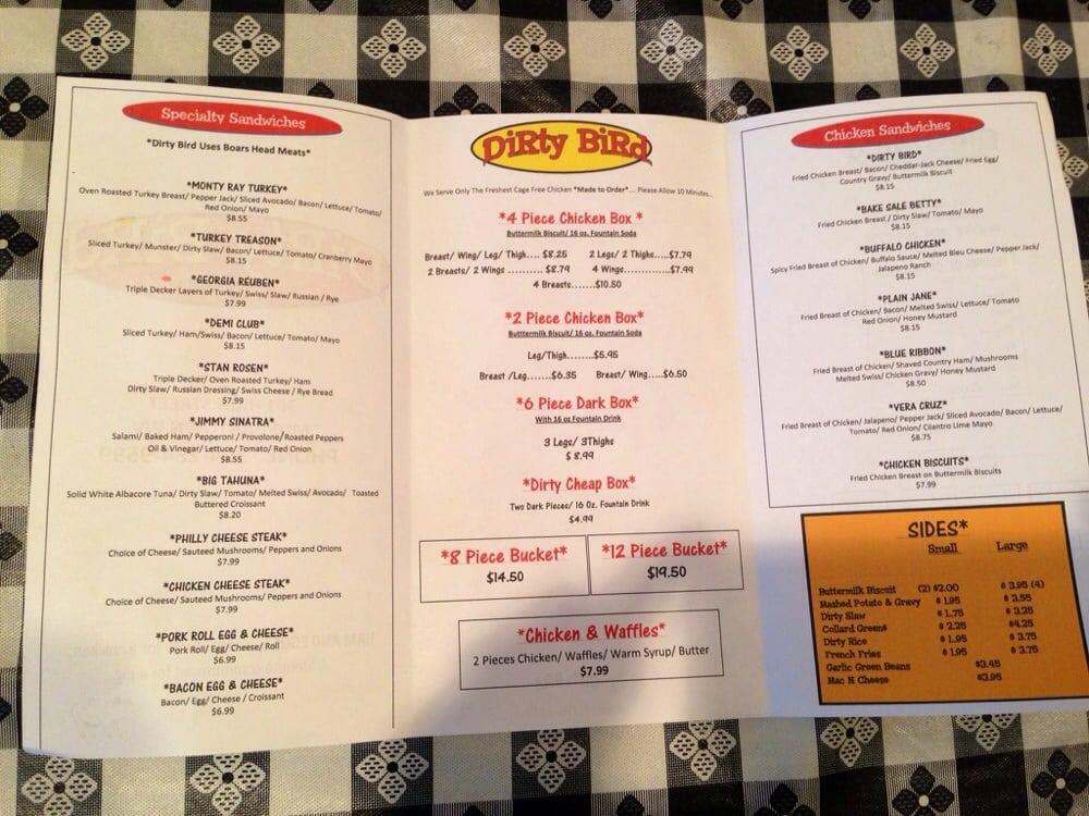 Menu at Dirty Bird restaurant, Morgantown