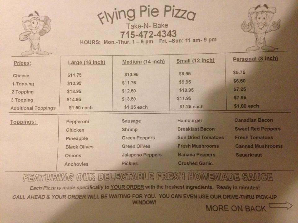 Menu at Flying Pie Pizza pizzeria, Luck, 111 Main St S