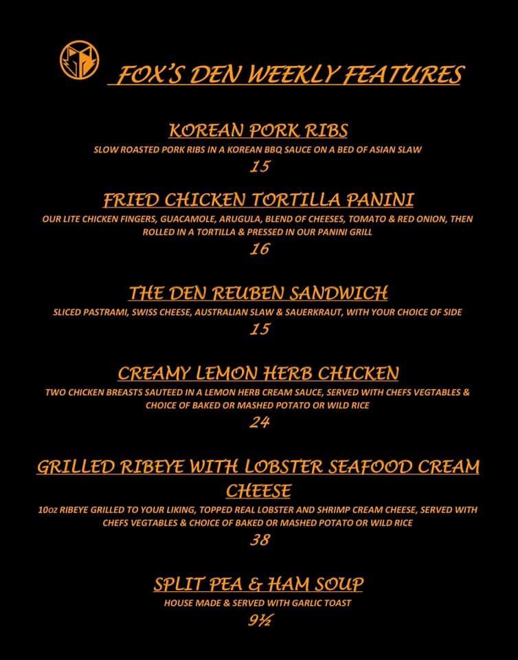 Menu at Fox's Den Bar & Grill, Williams Lake
