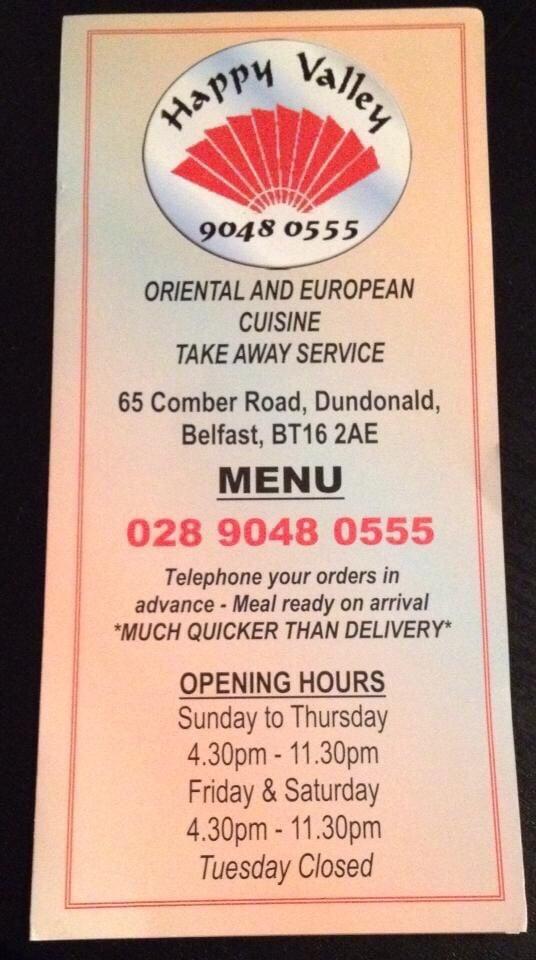 Happy Valley Chinese, 65 Comber Rd in Dundonald - Restaurant menu and ...