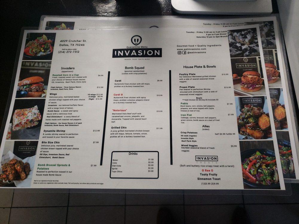 Menu at INVASION restaurant, Dallas