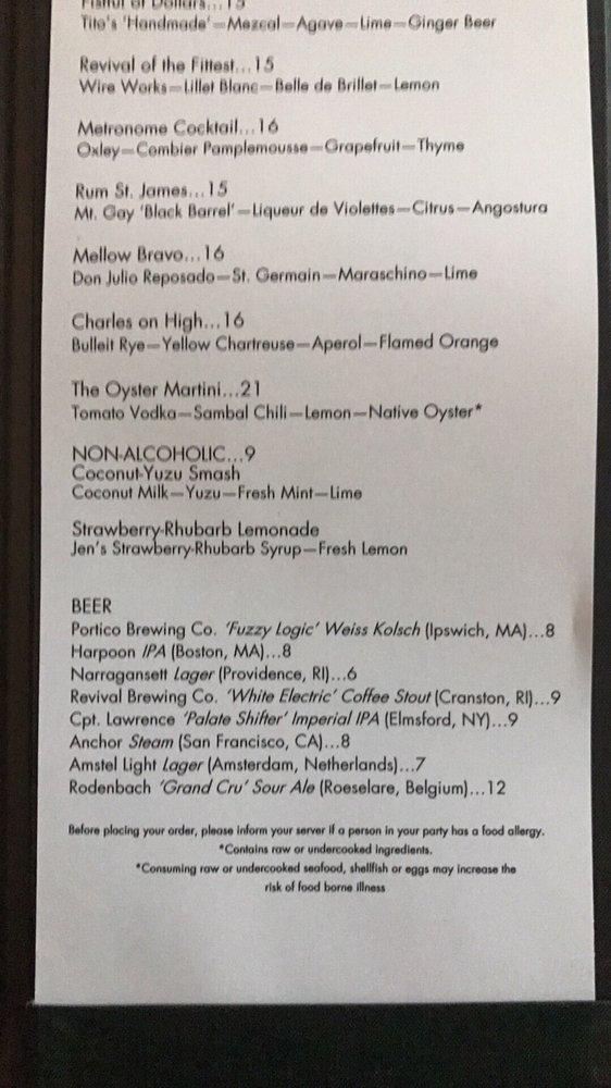 Menu at Ostra restaurant, Boston
