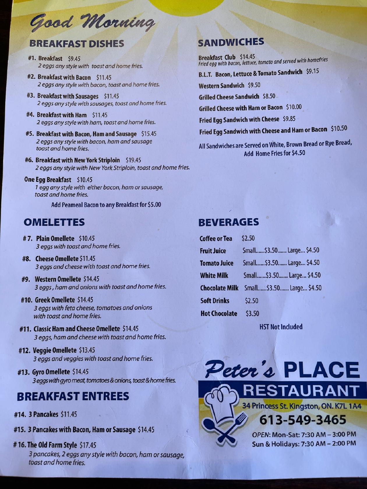 Menu at Peter's Place restaurant, Kingston