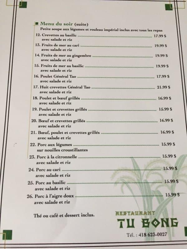 Menu au Restaurant Tu Bong, Québec